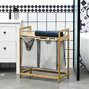 HOMCOM Double Laundry Hamper 2 Section Bamboo Laundry Basket with Storage Shelf 2 Pull-Out and Removable Bags for Bedroom Bathroom Laundry Room 2 x 10.7 Gallons Natural Wood and Dark Gray