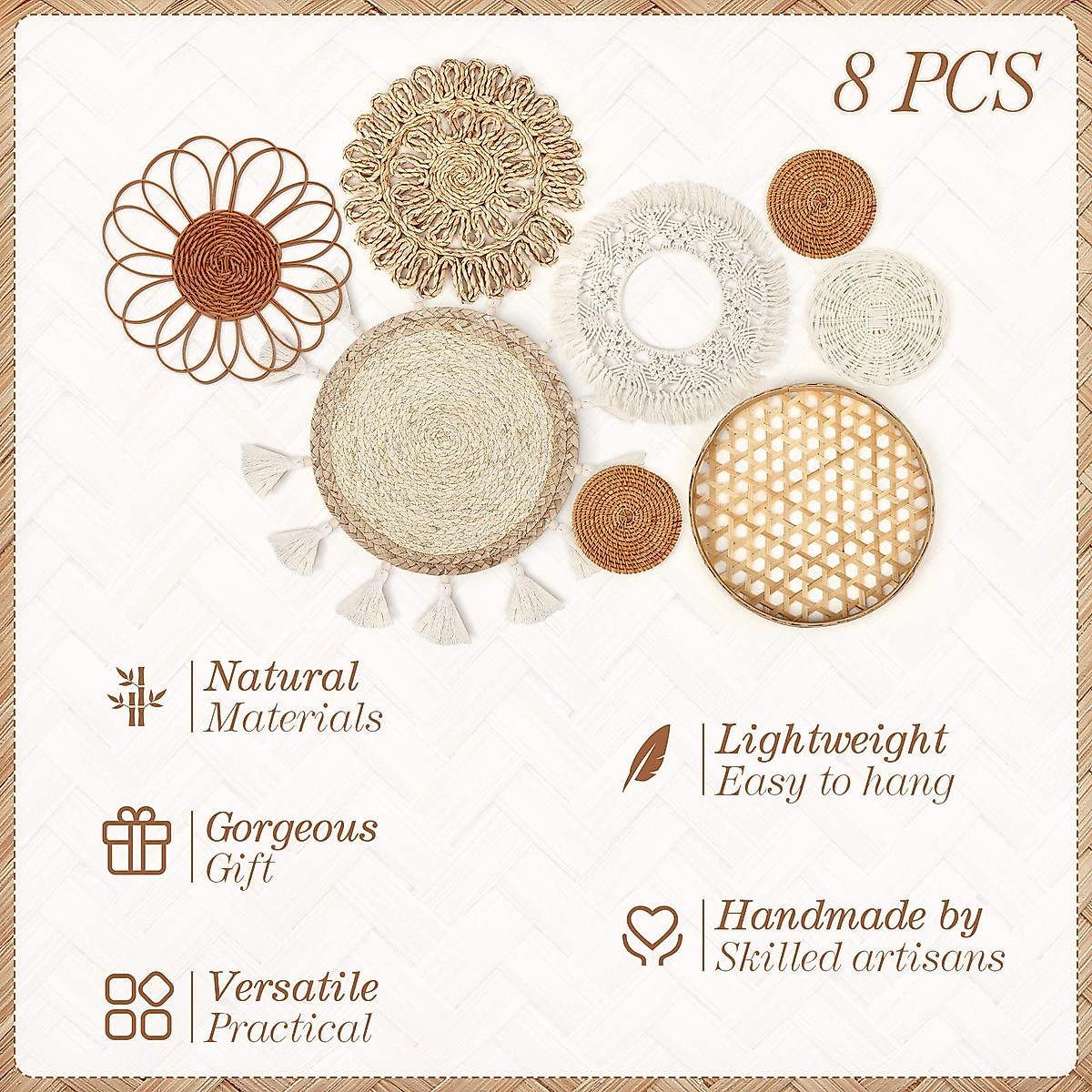 Set of 8 Boho Wall Basket Decor Flat Woven Basket Wall Decor Set Rattan Wall Decor Round Bamboo Hanging Wall Basket Macrame Tassels Wall Tapestry Boho Basket Wall Art for Bedroom Living Room Nursery