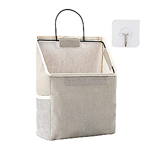 Surblue Wall Hanging Storage Bag with Sticky Hook, Closet Hanging Storage for Pocket, Bathroom Dormitory Organizer Bag, Linen Cotton Organizer Box Containers for Bedroom(Grey)