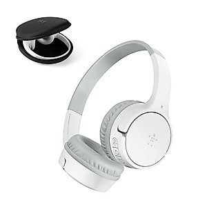 Belkin SoundForm Mini - Wireless Bluetooth Headphones for Kids with 30H Battery Life, 85dB Safe Volume Limit, Built-in Microphone - Kids On-Ear Earphones for iPhone, iPad, & More - White w/ Case