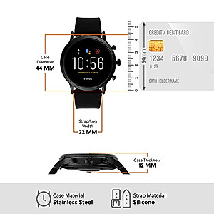 Fossil 44mm Gen 5 Carlyle Stainless and Silicone Touchscreen Smart Watch with Heart Rate, Color: Black (Model: FTW4025)