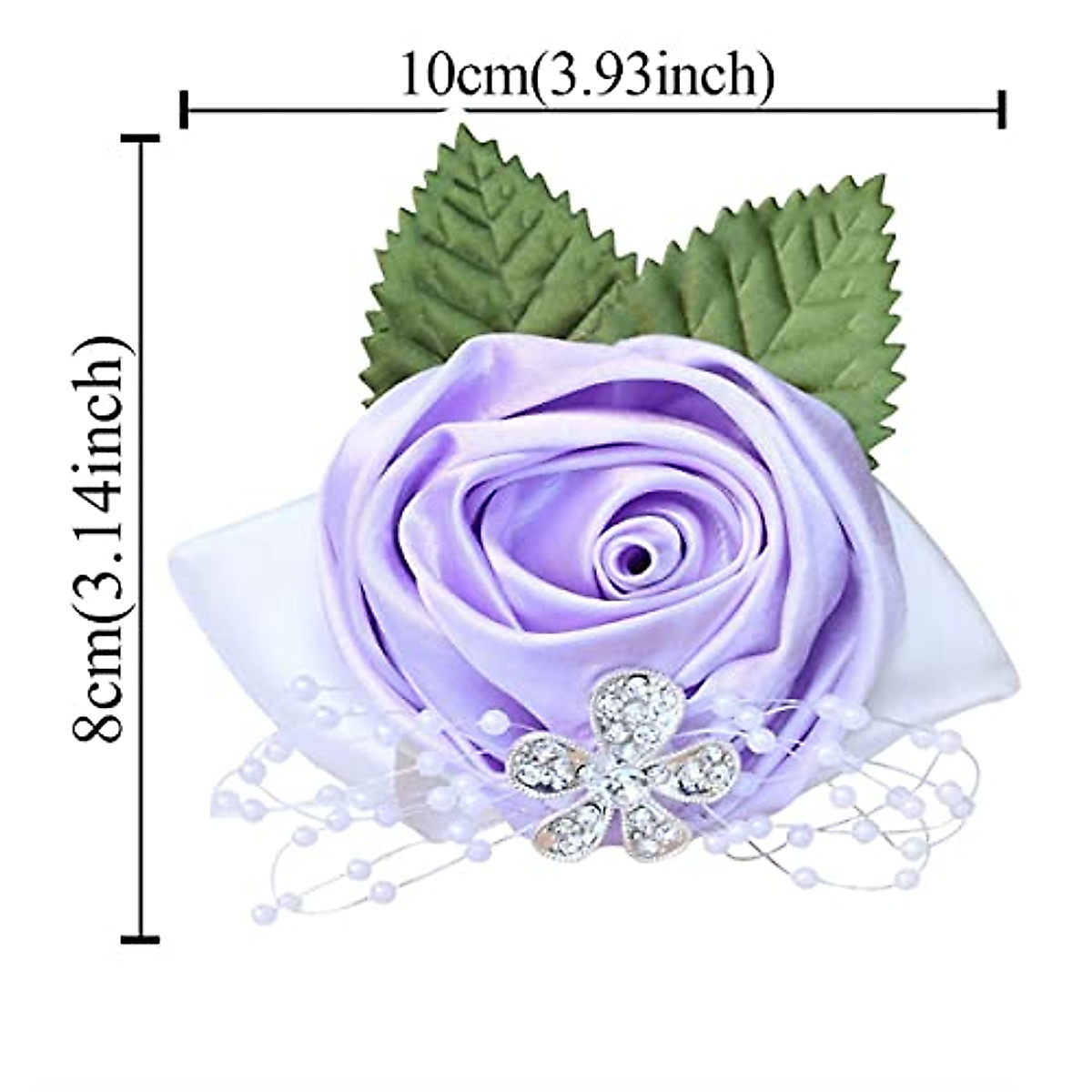 6piece Wrist Corsages Flower with Pearl Beads Diamond Satin Rose Elastic Band Wrist Bracelet Flowers Wedding Party Item (Lilac)