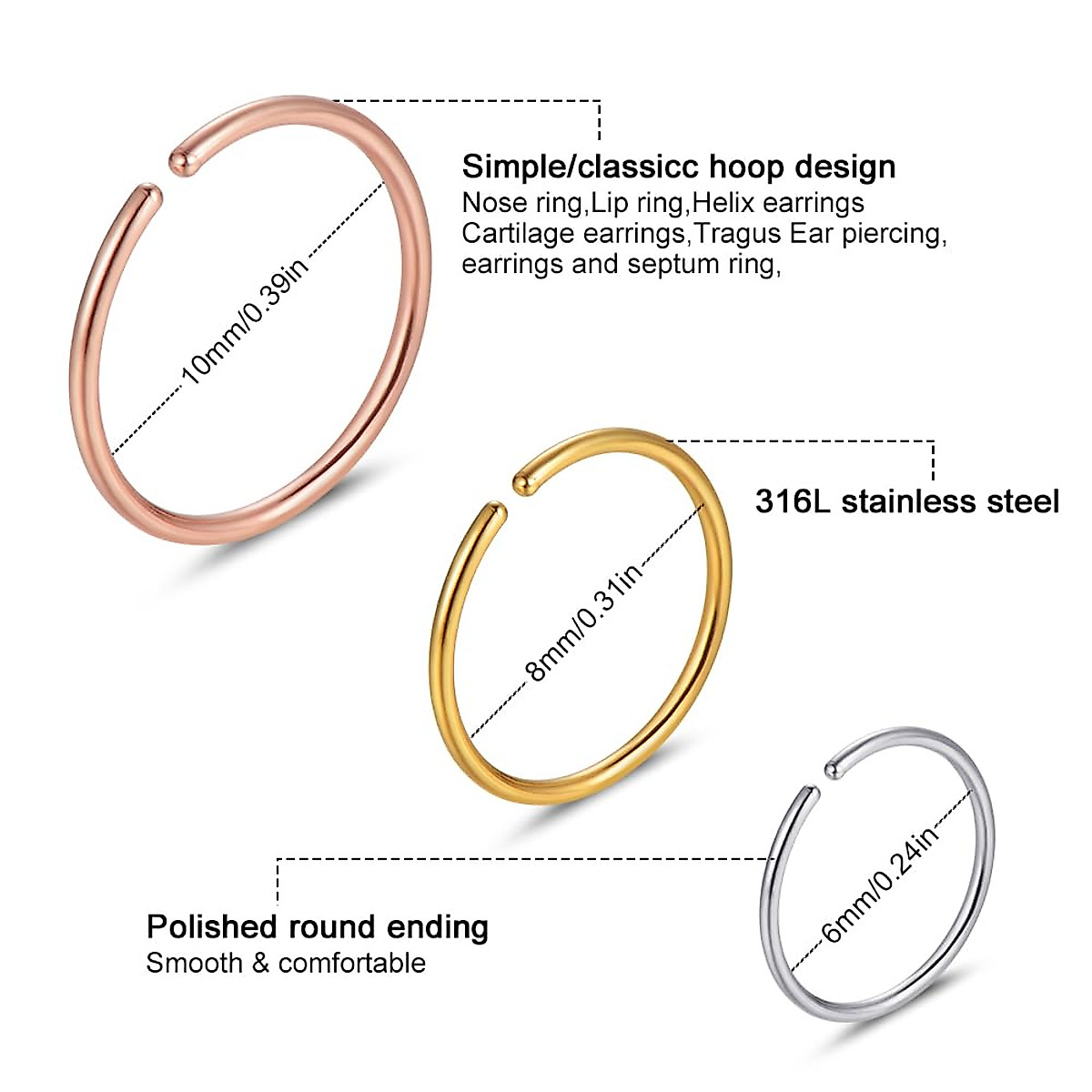 Xanowan Stainless Steel Hoop Nose Ring Cartilage Ring Set 6 Color Set for Men and Women