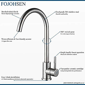 FOJOHSEN Kitchen Faucet Stainless Steel 360 Degree Swivel Single Handle One Hole,Kitchen Sink Faucet (Brushed Nickel)