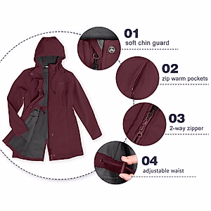 33,000ft Women's Softshell Long Jacket with Hood Fleece Lined Windproof Warm up Waterproof Windbreaker