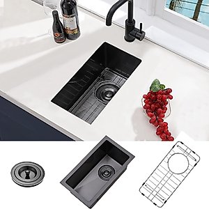 VCCUCINE Black Undermount Bar Sink, 10 x 18 Inch RV Small Kitchen Sink, Handmade Stainless Steel Wet Bar Sink, Outdoor Single Bowl Prep Sink with Dish Grid & Drain