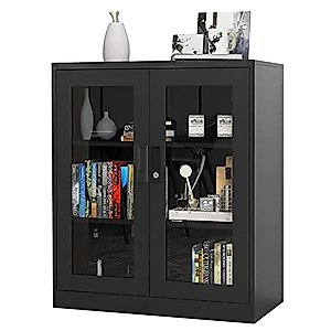 Yizosh Metal Storage Cabinet with Glass Doors - 35.4" Locking Display Cabinet with 2 Adjustable Shelves, 3-Tier Steel Cabinet Locker for Home Office, Living Room, Bedroom (Black)