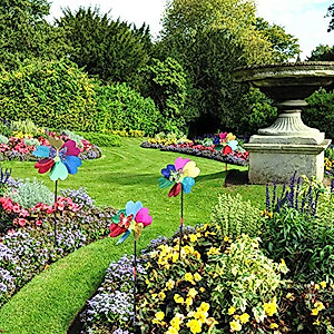 DOITOOL 4PCS Garden Wind Spinner Garden Pinwheels Sunflower Wind Spinners with Metal Stakes for Yard Decor Sequin Butterfly Windmill