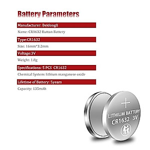 Beidongli CR1632 3 Volt Lithium Coin Cell Battery (10 Batteries)【5-Years Warranty】