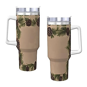 ZHSGNMHH Pine Cone Border 40oz Tumbler With Handle And Straw Stainless Steel Hot/Cold Travel Coffee Cup With Lid