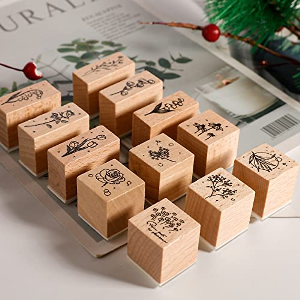 12 Pieces Wood Rubber Stamps Vintage Flowers Stamp Set DIY Craft Scrapbooking Stamps for Journals Diary Planner Letter Album Card Making
