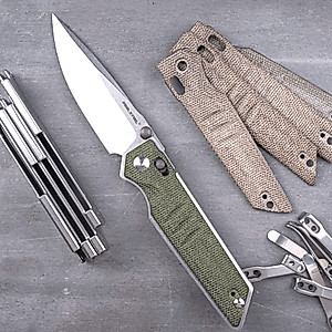 Real Steel Sacra Slide Lock Folding Pocket Knife - Bohler K110 Blade, Micarta Handle - Camping, Hiking, EDC - Men and Women - Satin/Green"