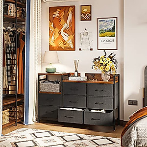 ODK Dresser with Charging Station, Wide Dresser 52'' Long Dresser for Bedroom Dresser with 8 Drawers, Chest of Drawers Easy-Pull Fabric Dressers for Closet, Living Room, Hallway, Vintage and Black