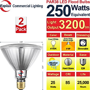 Explux 250 Watt Equivalent PAR38 LED Flood Light Bulbs, Super Bright 3200 Lumens, Dimmable, Full-Glass Outdoor Waterproof & Anti-Ageing, 4100K Cool White Spotlight, 2-Pack