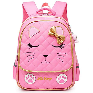 Chamqueen Cute Cat Face Bowknot School Backpack Kids School Bookbag Princess Backpack for Girls Students Pink