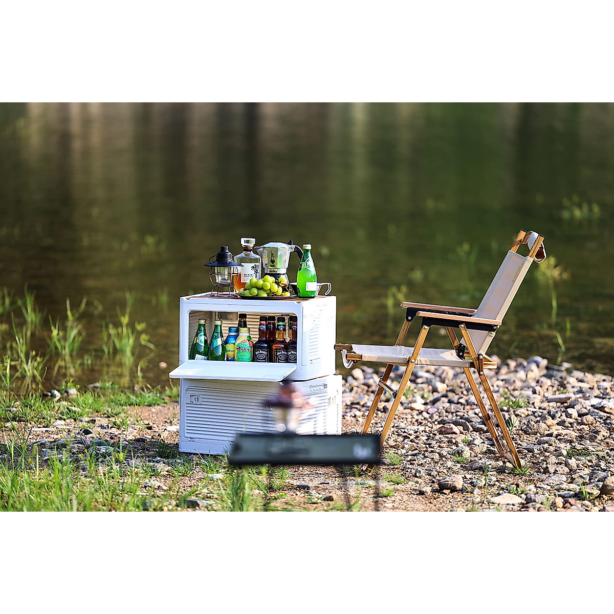 The foldable outdoor camping storage box has a large capacity of 48L, the foldable storage box equipped with a wooden cover and rollers can be used for indoor,car trunk and camping.