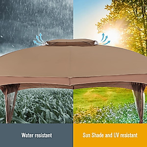 PHI VILLA 10x12 Gazebo Canopy for Patio, Double Vent Outdoor Canopy Gazebo with Netting, Screen Patio Gazebo Heavy Duty for Garden Deck Khaki