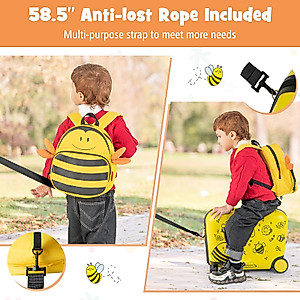 HONEY JOY 12" Bee Themed Kids Travel Backpack & 18" Hardside Suitcase with Wheels, Yellow, 2 Pcs