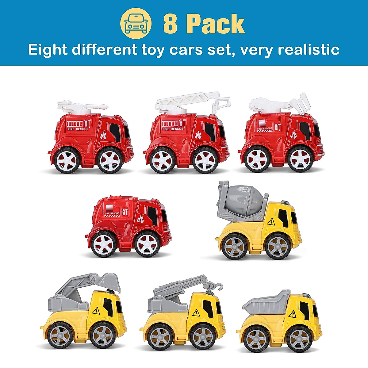 Hautton Diecast Car Vehicles Toy Set, Mini 4 Engineering Vehicles and 4 Fire Trucks Alloy Metal Model Cars Playset Toy Cars Gift for Age 3+ Boys Kids Children