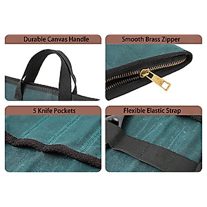 Chef's Travel Knife Case, Portable Knife Roll Bag For Men And Women, Waterproof Waxed Canvas, Strong Zipper, 5 Slots (Dark Green)