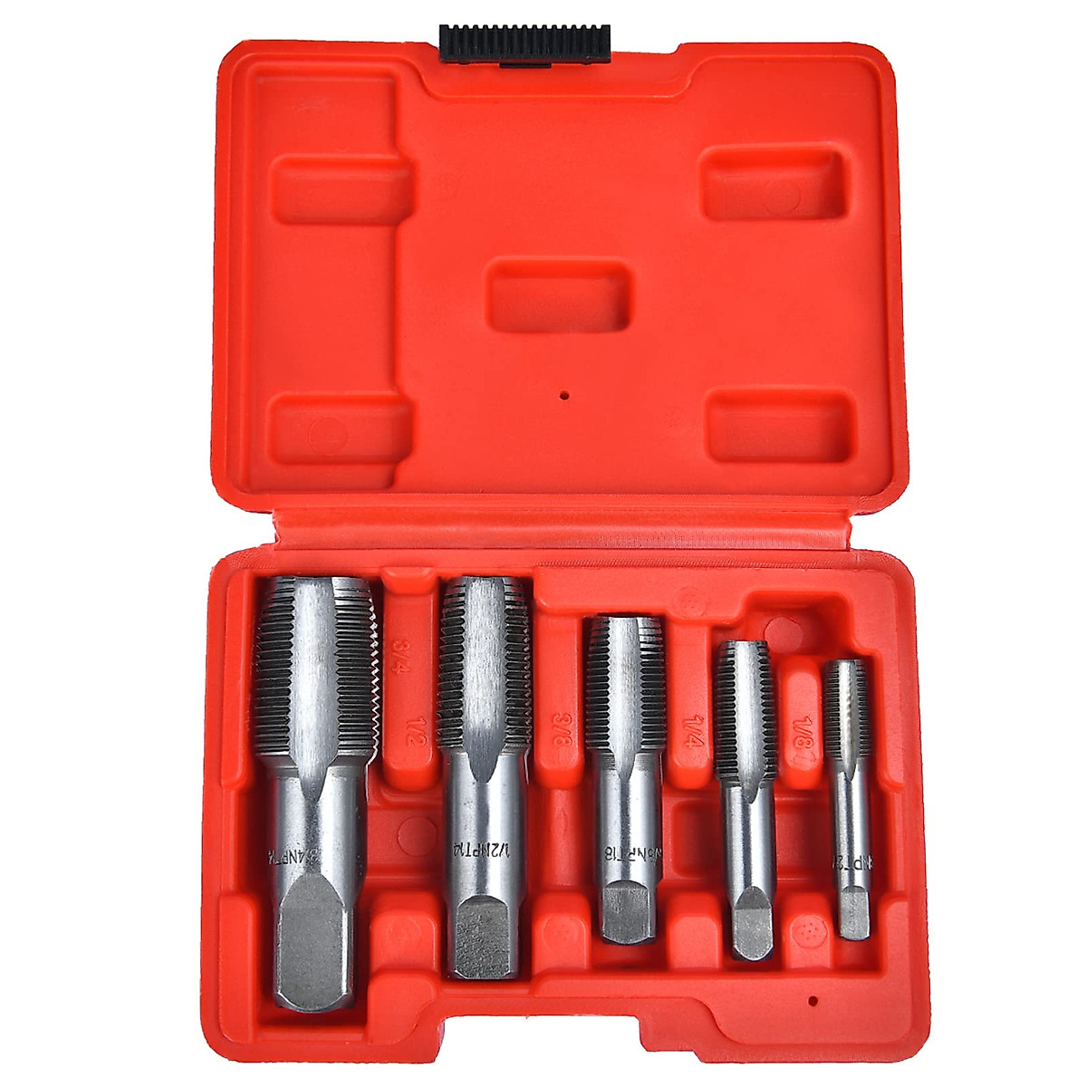 NPT Thread Forming Taps - 5 Pieces 1/8", 1/4", 3/8", 1/2", 3/4" Pipe Taps Set with Storage Box Drill Bits for Cleaning or Re-thread Damaged or Jam Pipe Threads, High-speed Steel Material