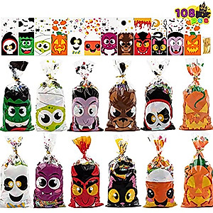 JOYIN 108 Pcs Halloween Cellophane Bags with Twist Tie Candy Treat Bags Sweet Bags Gift Bags Party Favors for Halloween Day Table Decor and Party Favor
