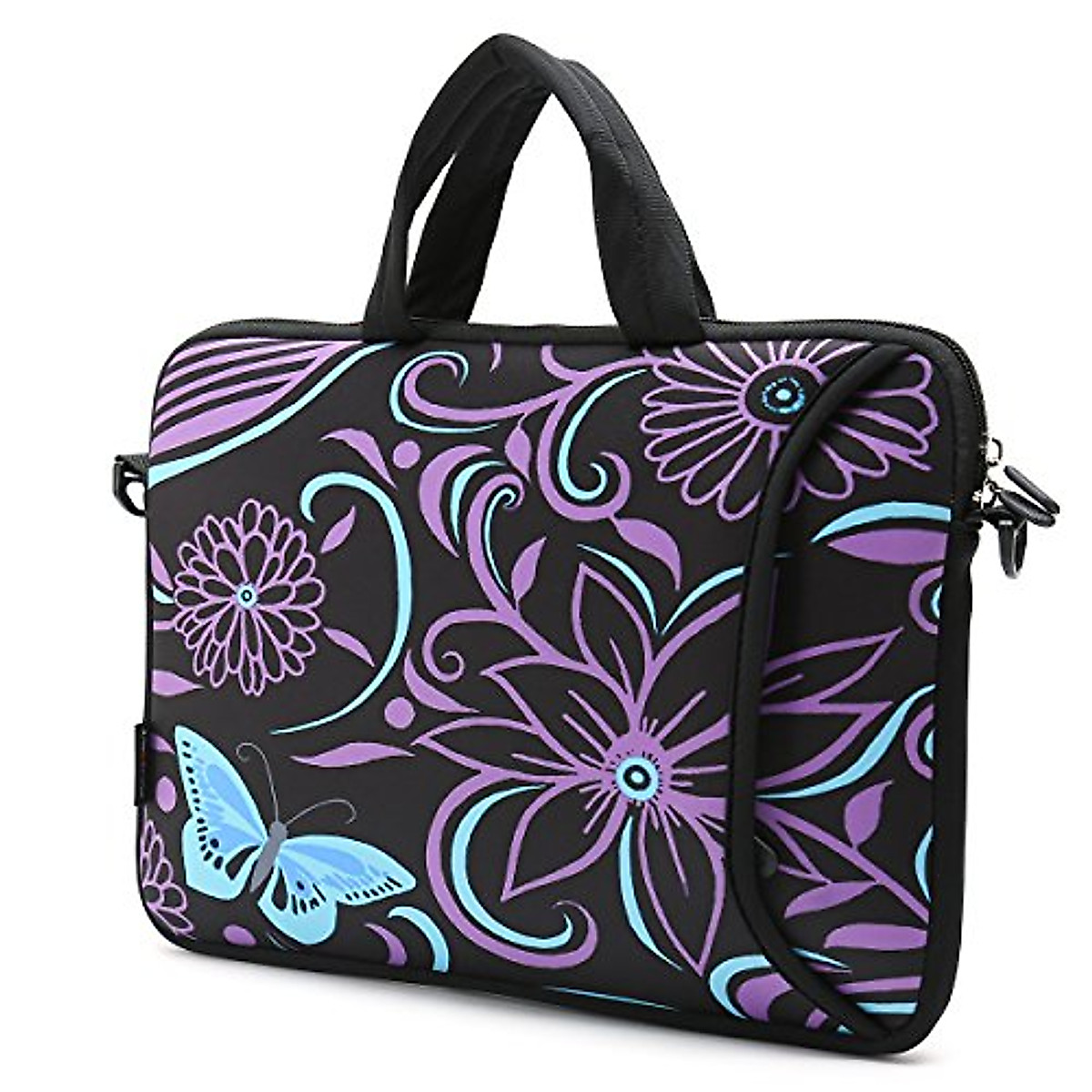 AUPET 16 16.5 17-17.3-Inch Water Resistant Neoprene Sleeve Notebook Neoprene Messenger Case Tote Bag with Outside Handle and Adjustable Shoulder Strap & Extra Pocket(Purple Flower)
