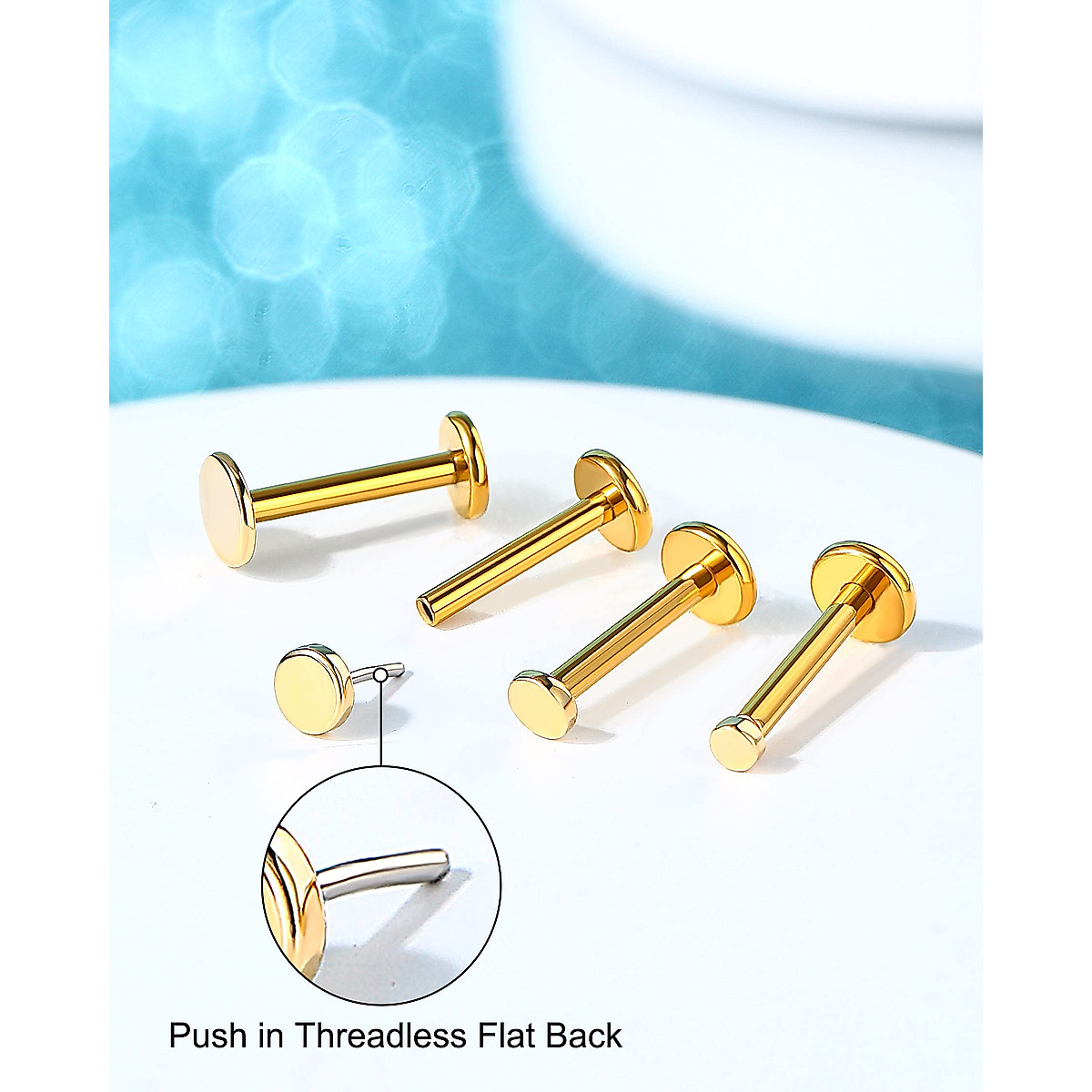 Melighting 14K Gold Threadless Earrings 16G Gold Flat Back Earrings Tiny Flat Disc Threadless Push in Labret Stud Gold Tragus Piercing Jewelry for Women Conch Helix Stud