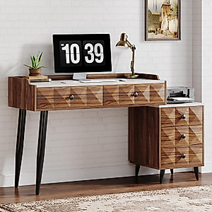 Tribesigns Computer Desk with 5 Drawers, Extendable Home Office Desk with Drawer Cabinet Printer Stand, Modern Study Writing Table Workstation for Bedroom, Living Room, Small Spaces, Brown & White