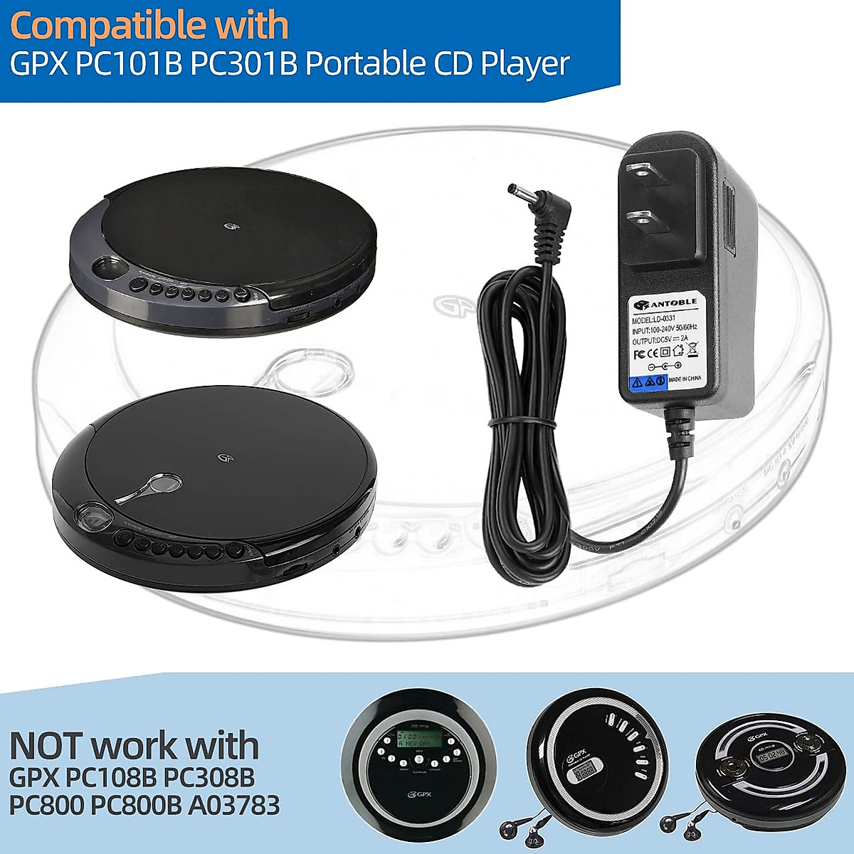ANTOBLE AC/DC Adapter for GPX PC301B PC101B Portable Compact Disc CD Player Power Supply Charger - 6.5ft Cord