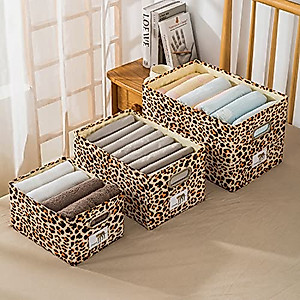 PRANDOM Collapsible Storage Baskets for Closet [3-pack] Decorative Linen Fabric Storage Bins Cubes with Metal Handles for Shelves Bedroom Living Room Leopard print (11.5x8.5x6.7 Inch)