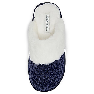 Laura Ashley Women's Slippers, Plush Chenille Memory Foam Scuff Slide Slippers, Non Slip Indoor/Bedroom Shoes, Slip On Slippers for Women -Navy Blue/M