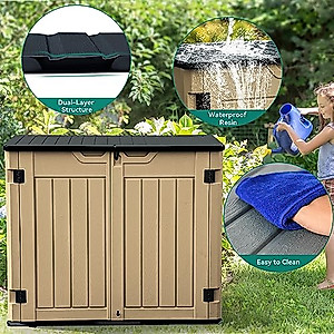 YITAHOME Large Outdoor Horizontal Storage Shed, 47 cu ft Resin Tool Shed w/o Shelf, Outdoor Waterproof Storage with Floor for Trash Cans, Garden Tools, Lawn Mower, Lockable, 4.5x2.8x3.9 ft, Brown