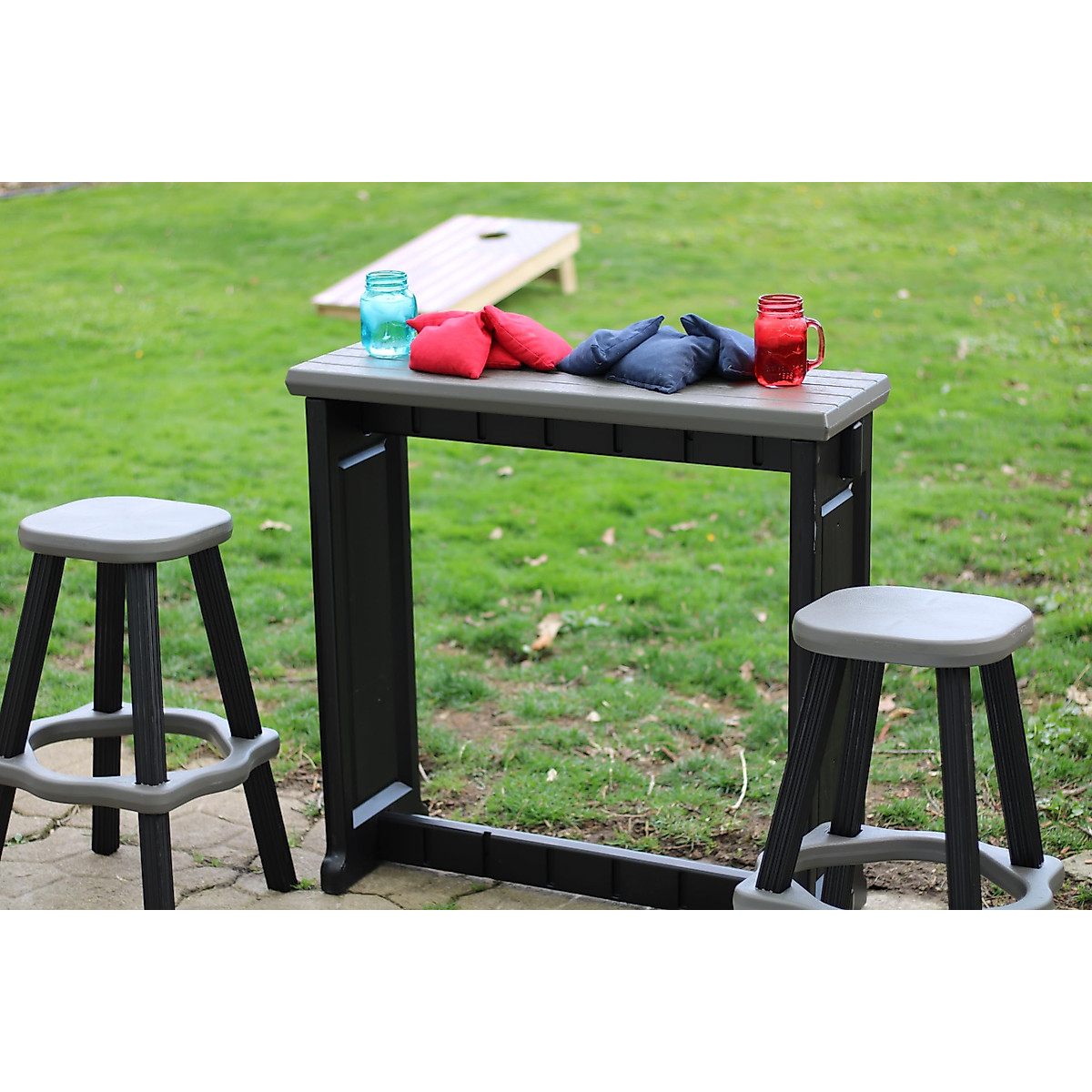Leisure Accents Single Bar Set Includes 2 Barstools Deep Grey Top & Black Base Ideal for Patio Hot Tub Area Backyard Durable WeatherResistant Design Easy Nohardware Assembly Proudly Made in USA