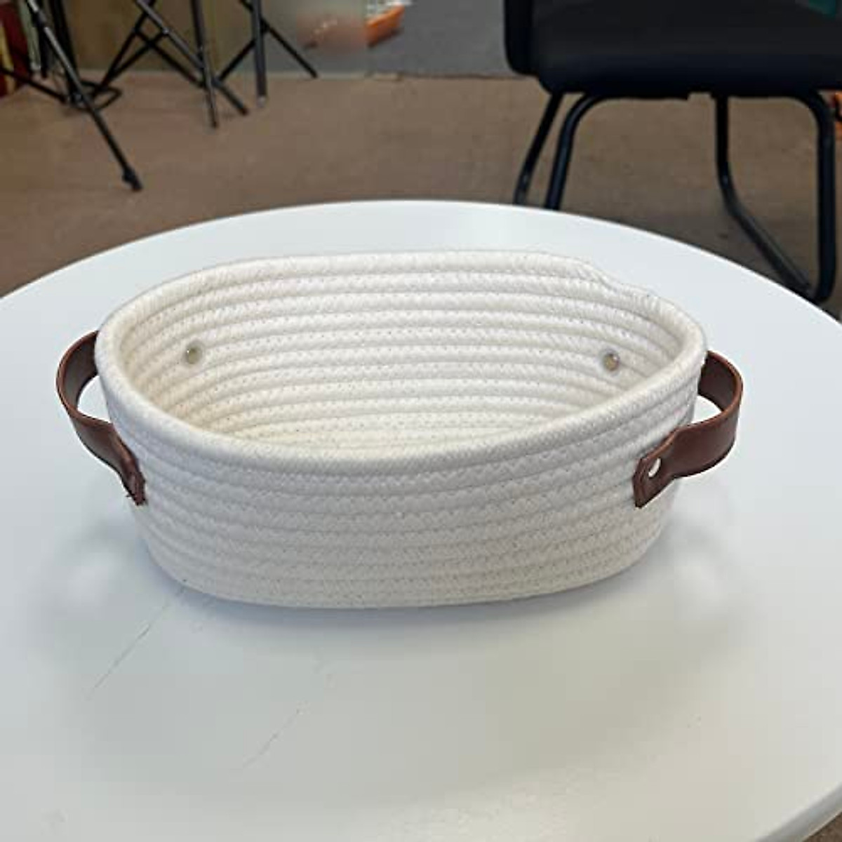 ABenkle Small Woven Basket, Mini Cotton Rope Storage Basket, Tiny White Basket, Shelf Basket, Oval Decorative Toy Dog Cat Basket for Nursery, Kids Room, Empty Gift Basket Baby Basket, 10" x 6" x 4" XS