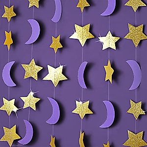 Purple Gold Moon Star Garland for Twinkle Twinkle Little Star Party Decoration/First Birthday/Baby Shower/Wedding/Kids Room/Nursery/Ramadan EID/Graduation Decor/Goodnight Moon Party Decorations