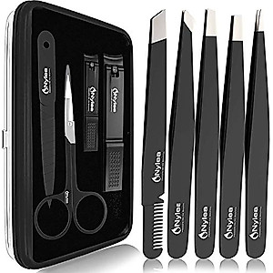 Nylea Professional Tweezers Set and Nail Clippers for Men and Women [Perfect Alignment / Grip] Best Precision Stainless Steel Kit for Ingrown Hair Eyebrows Facial Hair Splinter and Eyelashes 9pcs