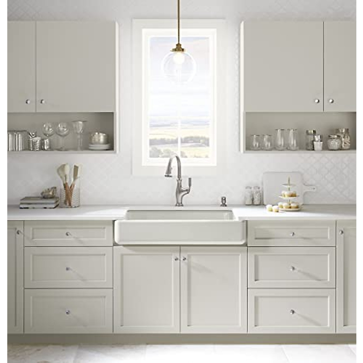 KOHLER K-6426-0 Whitehaven Farmhouse Smart Divide Self-Trimming Undermount Apron Front Double-Bowl Kitchen Sink with Short Apron, 35-1/2-Inch X 21-9/16-Inch X 9-5/8-Inch, White
