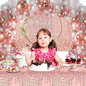 Floral Happy Birthday Decorations Women, 125PCS Rose Gold Flower Birthday Party Supplies Including Happy Birthday Backdrop, Balloon Arch/Garland Kit, Birthday Tabblecloth for Girls