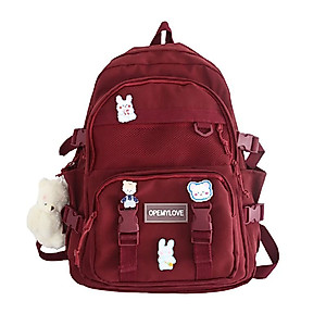 ANEBIPLE Aesthetic Kawaii Nylon Lighteweighted Portable Laptop Backpack with A Cute Bear Pendant, Large Capcity (Red)