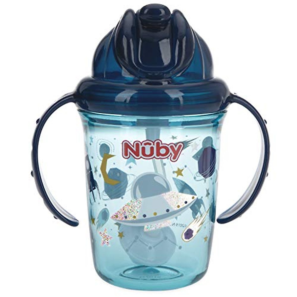 Nuby No Spill Flip N Sip 2 Handle Tritan 360 Weighted Straw Glitter Print - 8oz/ 240 Ml/ 12 M+, Colors Vary: Blue Space, Red Dinosaur, Pink Fox, Green Swan