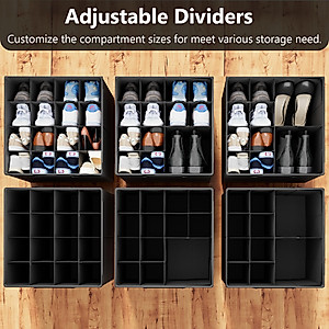 SUOCO 2 Pack Shoe Organizer for Closet, Fits up to 32 Pairs, Small Space Shoe Storage Boxes Bins Containers w/Adjustable Dividers and Clear Top, Black