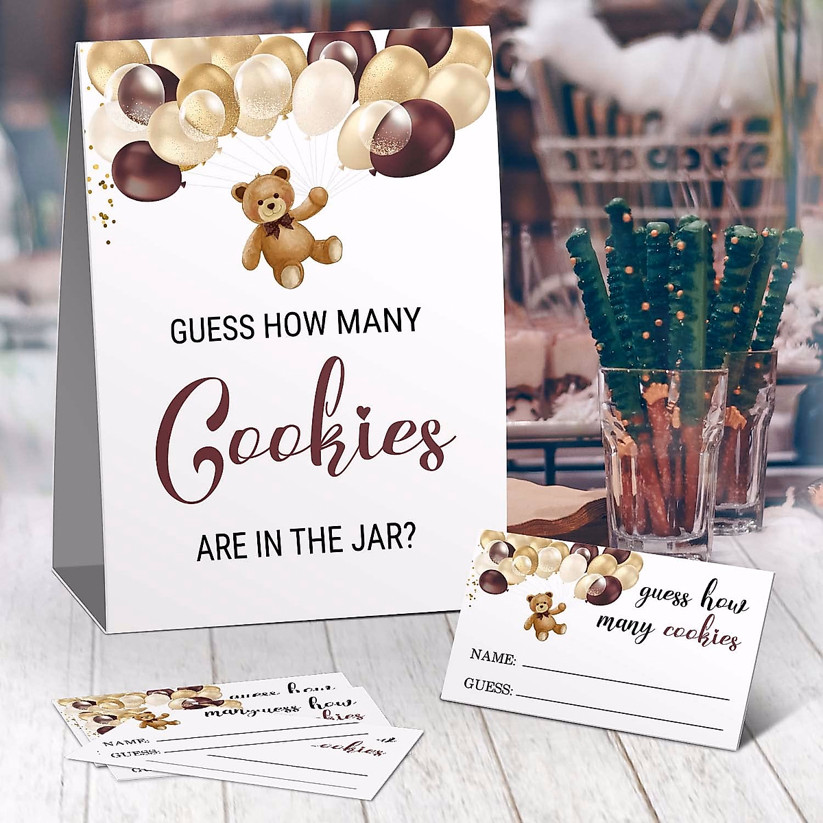 Guess How Many Cookies Are In The Jar, Brown Bear Balloon Shower Gamesr Decorations Set, Neutral Boy and Girl-(1 Sign and 50 Cards)