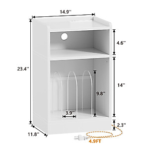 Furologee White Record Player Stand, Wood Nightstand/End Table with Charging Station and LED Lights, Modern Vinyl Record Player Turntable Table with 3 Tier Open Storage Cabinet for Bedroom