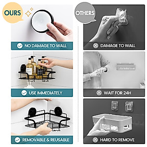 TAILI Suction Cup Shower Shelves 2 Pack, Drill-Free Removable Corner Shower Caddy with Hooks, Heavy Duty Stainless Steel Shower Basket Organizer for Bathroom, Rustproof Shower Rack, Black