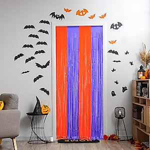 Mega-L Halloween Party Decorations, 2 Packs Orange Purple Photo Booth Props, 3.3 x 6.6 ft Halloween Foil Fringe Curtains with Bats, Photo Backdrop Streamers Halloween Party Supplies