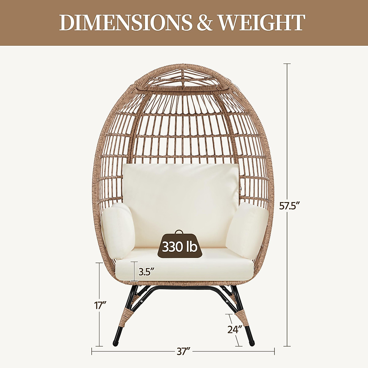 Yaheetech Egg Rattan Chair, Indoor/Outdoor PE Rattan Egg Basket Lounge Chair w/ 4 Cushions, Oversized Egg-Shaped Chair w/Metal Frame Stand for Patio, Backyard, Living Room - Light Brown/Ivory