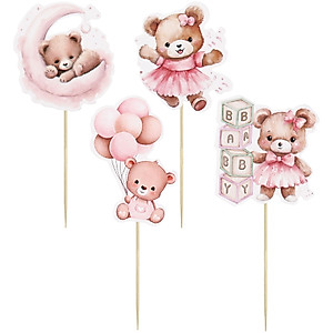 Gyufise 36Pcs Baby Shower Bear Cupcake Toppers Moon Baby Bear Baby Shower Cake Topper Decorations Jungle Animal Theme Baby Shower Birthday Party Cake Supplies Pink