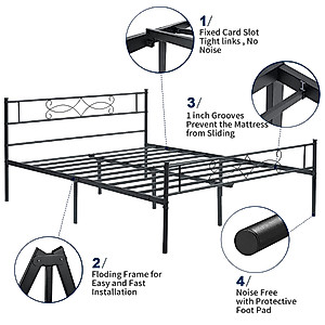 VECELO Queen Size Metal Platform Bed Frame with Headboard,No Box Spring Needed/Mattress Foundation,Flower