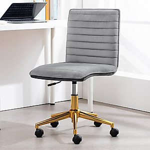 Furniliving Home Office Chair, Armless Vanity Chair with Wheels Swivel Velvet Computer Rolling Desk Chair with Back, Adjustable Accent Chair with Gold Metal Base Stool Chair,Gray